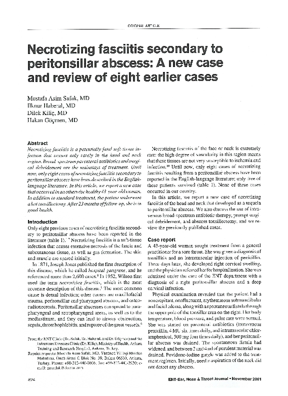 (PDF) Necrotizing Fasciitis Secondary to Peritonsillar Abscess: A New ...