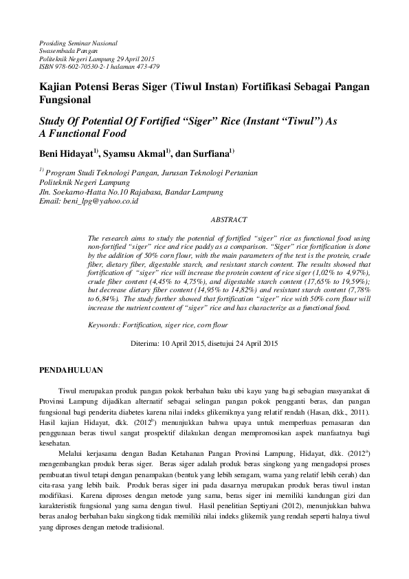 (PDF) Kajian Potensi Beras Siger (Tiwul Instan) Fortifikasi Sebagai ...