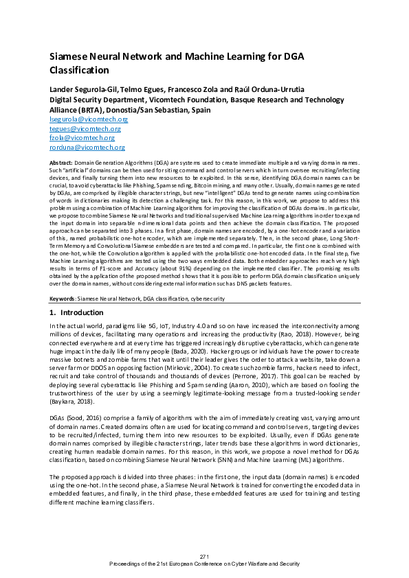 (PDF) Siamese Neural Network and Machine Learning for DGA Classification