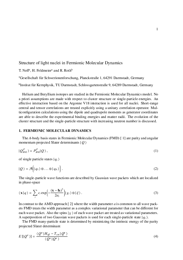 (PDF) Structure of light nuclei in Fermionic Molecular Dynamics
