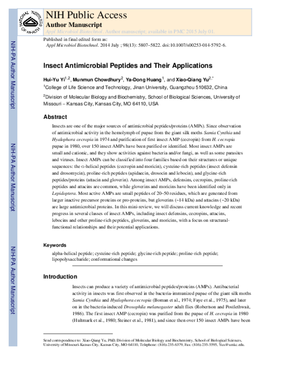 (PDF) Insect antimicrobial peptides and their applications