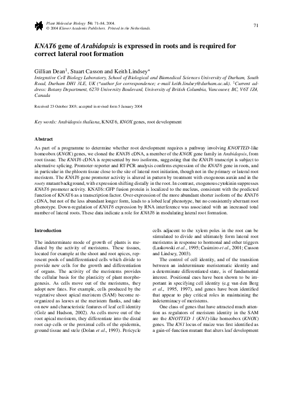 (PDF) KNAT6 gene of Arabidopsis is expressed in roots and is required ...