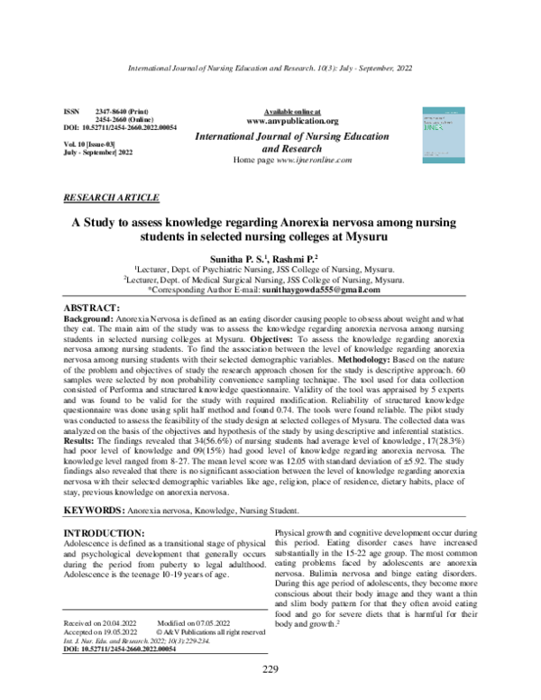 (PDF) A Study to assess knowledge regarding Anorexia nervosa among ...