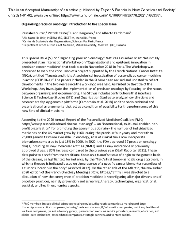 (PDF) Organizing precision oncology: introduction to the special issue | Alberto Cambrosio ...