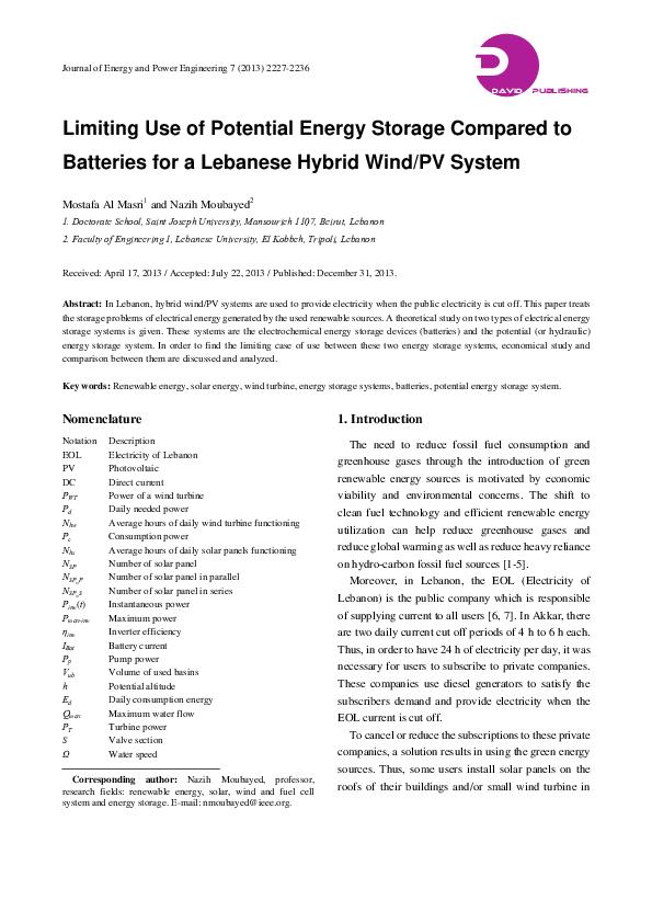 Limiting Use of Potential Energy Storage Compared to Batteries for a ...
