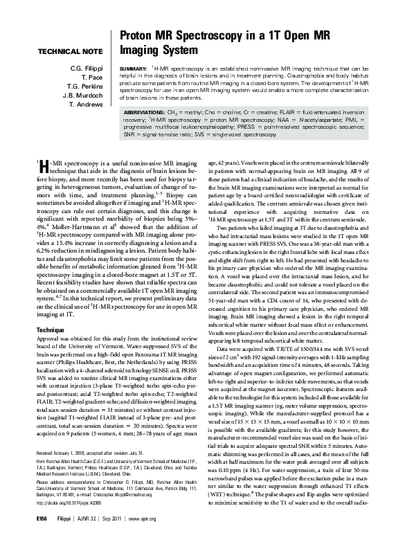(PDF) Proton MR Spectroscopy in a 1T Open MR Imaging System
