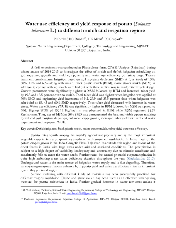 (PDF) Water use efficiency and yield response of potato (Solanum tuberosum L.) to different ...