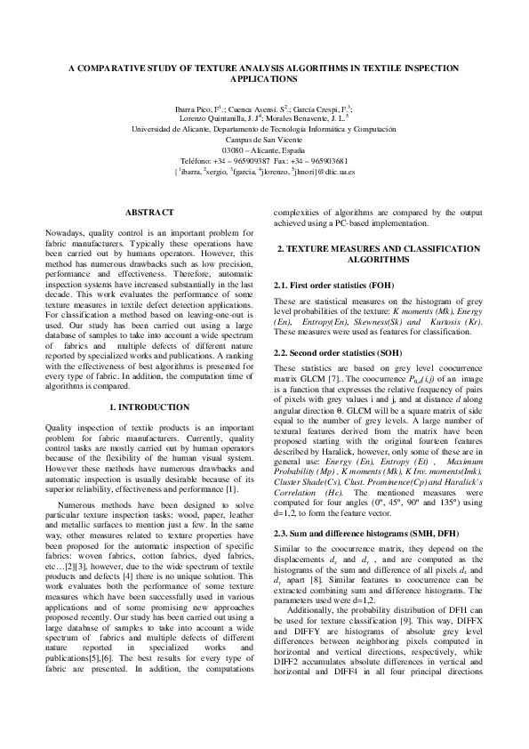 (PDF) A comparative study of texture analysis algorithms in textile ...
