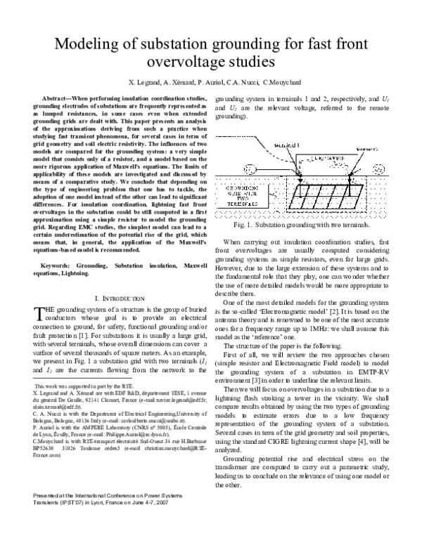 (PDF) Modeling of Substation Grounding for Fast Front Overvoltage Studies