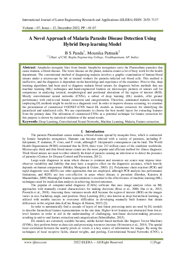 Pdf A Novel Approach Of Malaria Parasite Disease Detection Using Hybrid Deep Learning Model