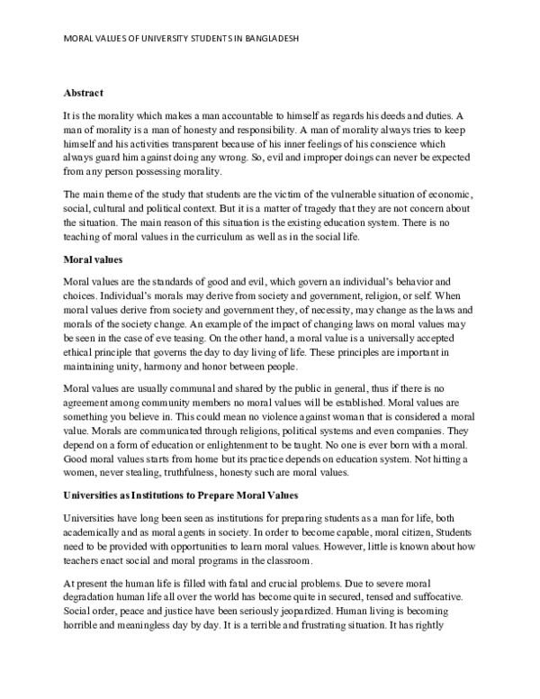 (DOC) MORAL VALUES OF UNIVERSITY STUDENTS IN BANGLADESH
