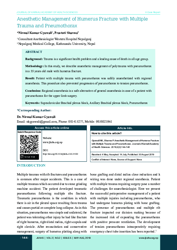 (PDF) Anesthetic Management of Humerus Fracture with Multiple Trauma and Pneumothorax