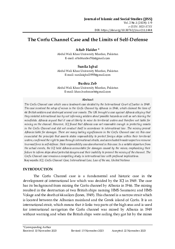 (PDF) The Corfu Channel Case and the Limits of Self-Defense