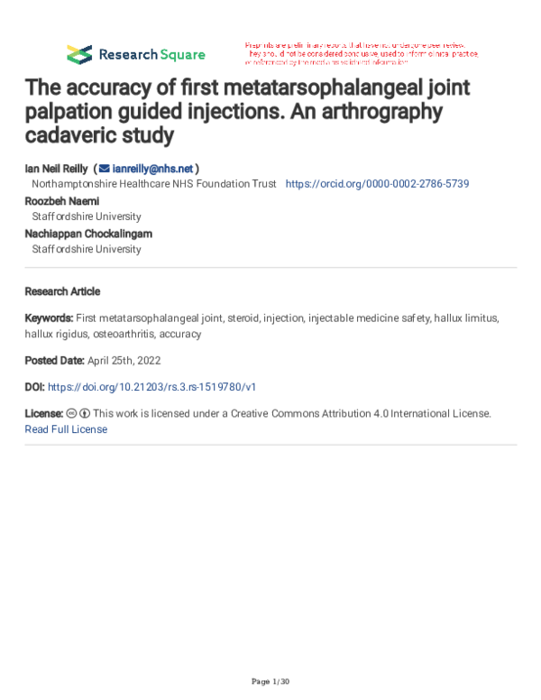 (PDF) The accuracy of first metatarsophalangeal joint palpation guided injections. An ...