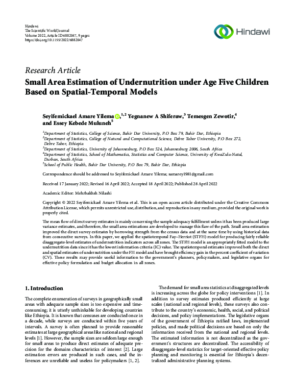 (PDF) Small Area Estimation of Undernutrition under Age Five Children Based on Spatial-Temporal ...