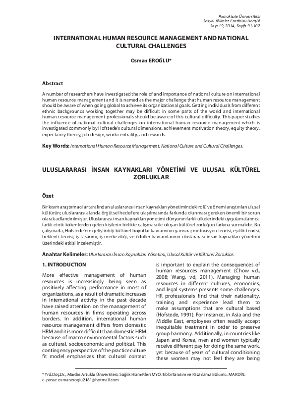 (PDF) International Human Resource Management and National Cultural Challenges