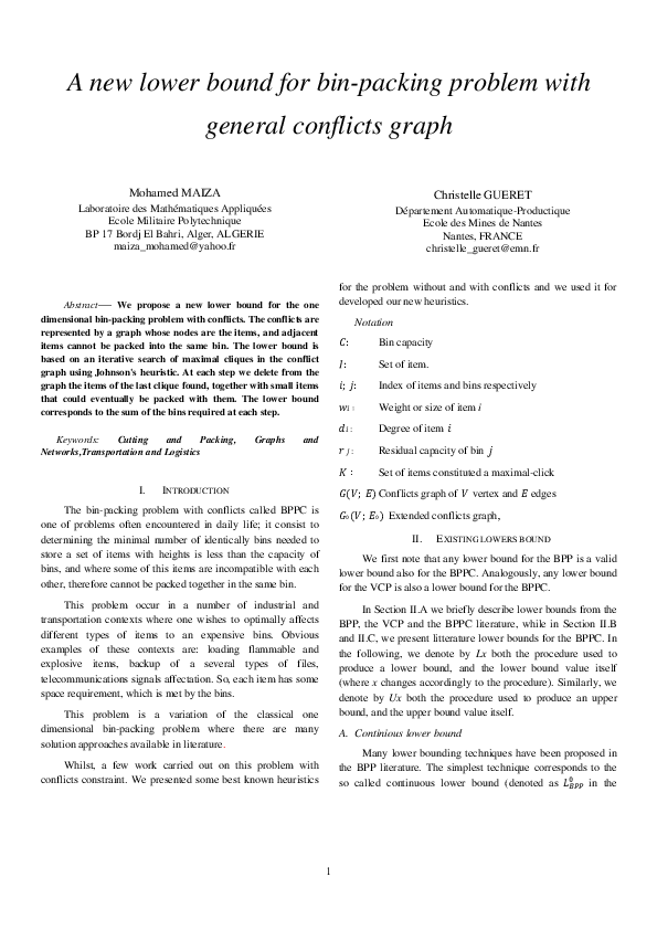 (PDF) A new lower bound for bin packing problem with general conflicts graph