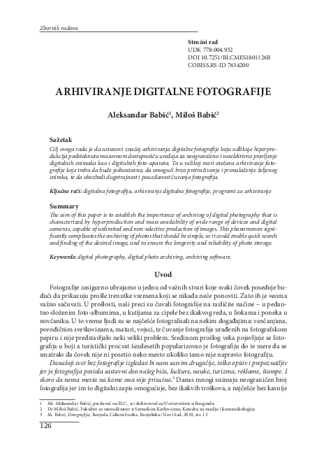 (PDF) Arhiviranje Digitalne Fotografije