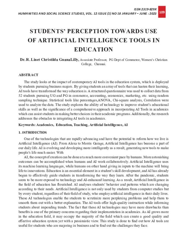 (PDF) STUDENTS' PERCEPTION TOWARDS USE OF ARTIFICIAL INTELLIGENCE TOOLS IN EDUCATION
