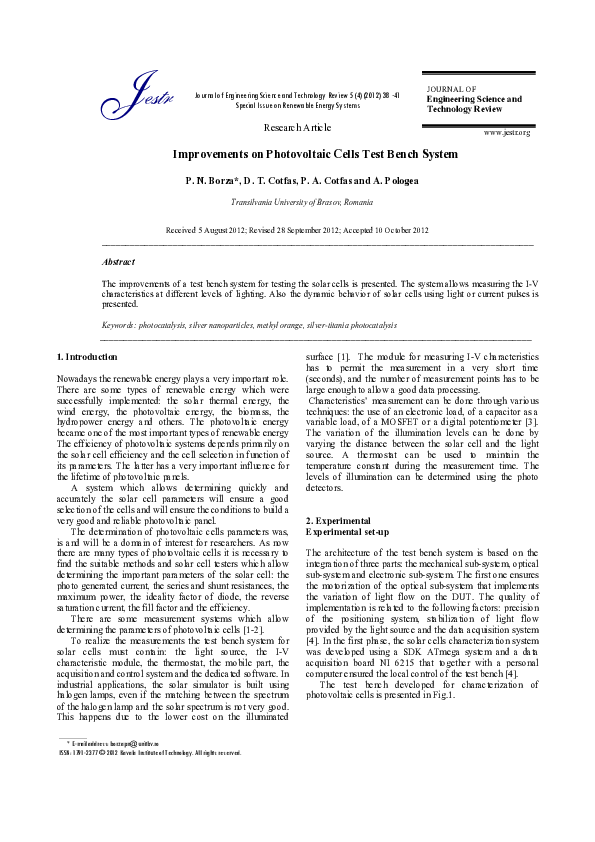 (PDF) Improvements on Photovoltaic Cells Test Bench System