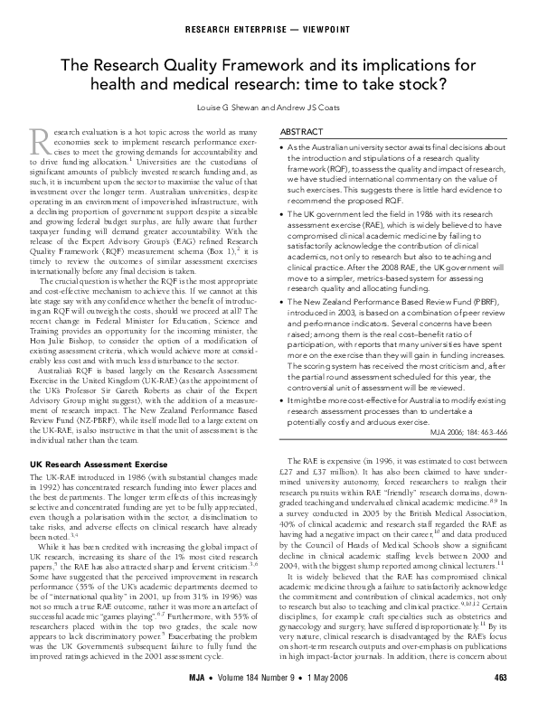 (PDF) The Research Quality Framework and its implications for health ...