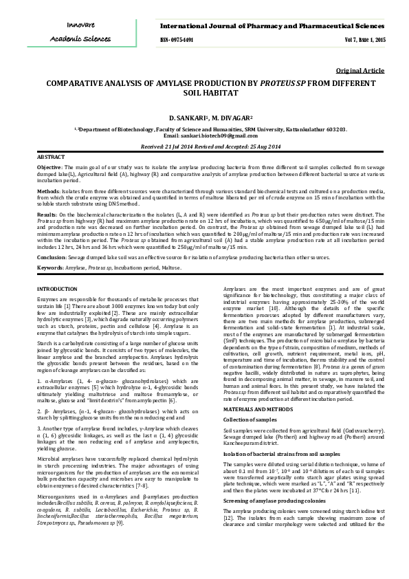 (PDF) COMPARATIVE ANALYSIS OF AMYLASE PRODUCTION BY PROTEUS SP FROM DIFFERENT SOIL HABITAT ...
