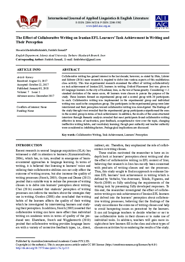 (PDF) The Effect of Collaborative Writing on Iranian EFL Learners' Task Achievement in Writing ...