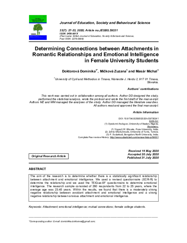 (PDF) Determining Connections between Attachments in Romantic Relationships and Emotional ...