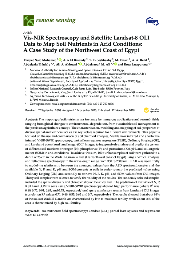(PDF) Vis-NIR Spectroscopy and Satellite Landsat-8 OLI Data to Map Soil Nutrients in Arid ...