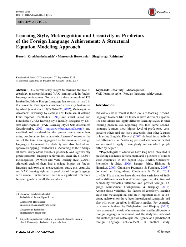 (PDF) Learning Style, Metacognition and Creativity as Predictors of the Foreign Language ...