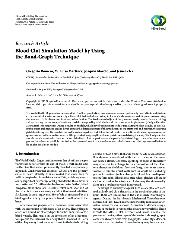 (PDF) Blood Clot Simulation Model by Using the Bond-Graph Technique