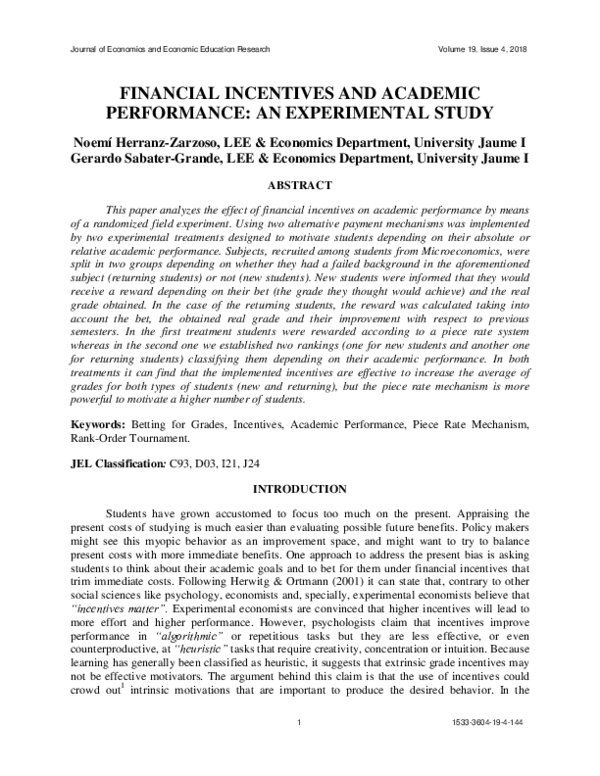 (PDF) Financial incentives and academic performance: An experimental study