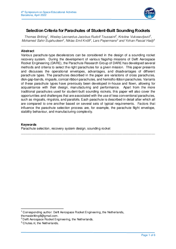 (PDF) Selection criteria for parachutes of student-built sounding rockets
