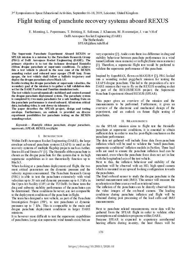 (PDF) Flight testing of parachute recovery systems aboard REXUS