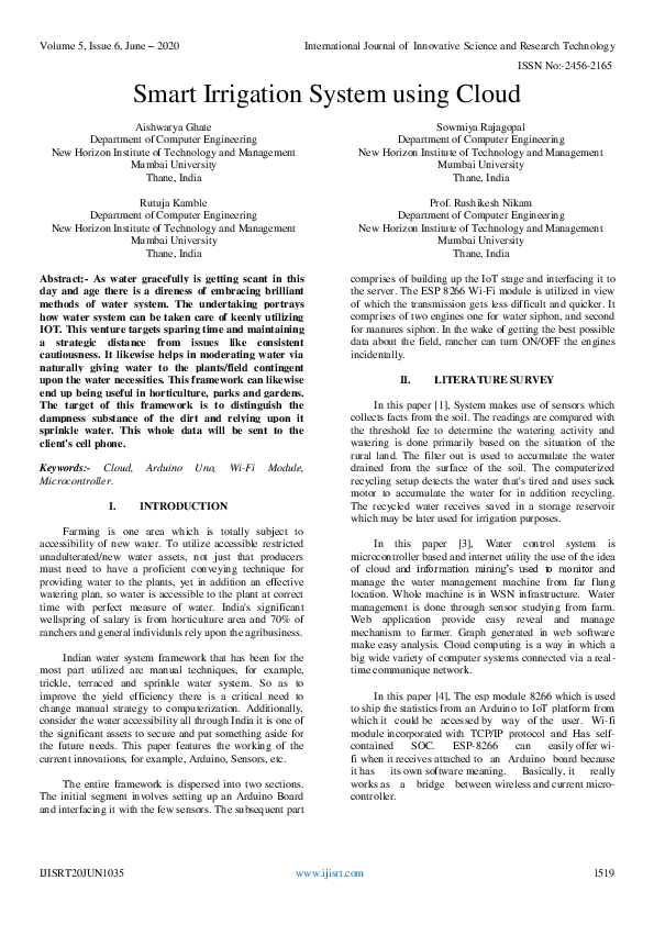 (PDF) Smart Irrigation System using Cloud