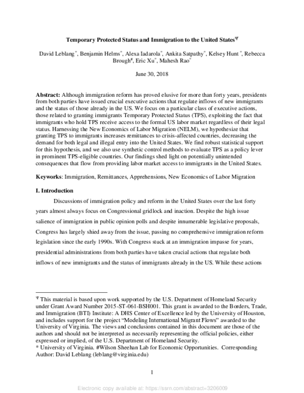 (PDF) Temporary Protected Status and Immigration to the United States