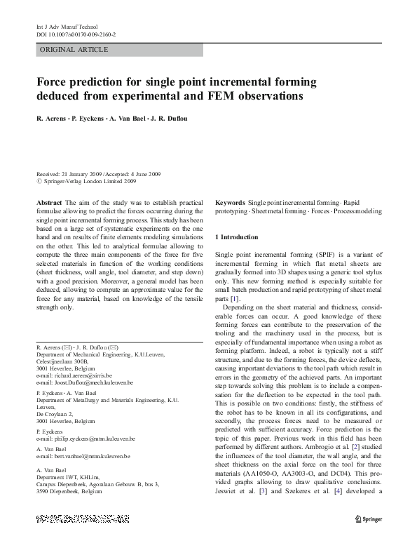 (PDF) Force prediction for single point incremental forming deduced from experimental and FEM ...