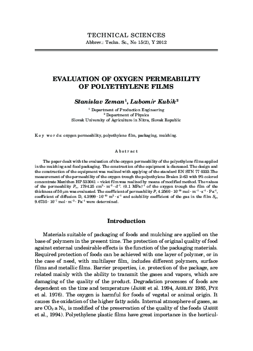 (PDF) Evaluation of Oxygen Permeability of Polyethylene Films | Ľubomír ...
