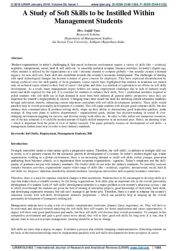 (PDF) A Study of Soft Skills to Be Instilled Within Management Students