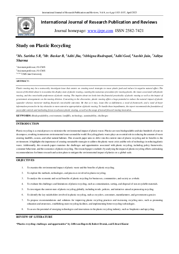 (PDF) Study on plastic recycling