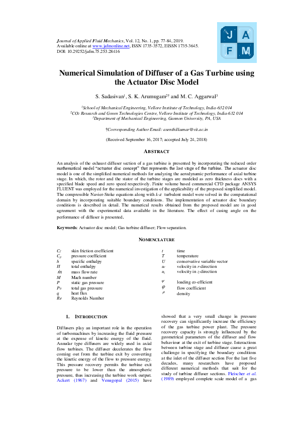 (PDF) Numerical Simulation of Diffuser of a Gas Turbine using the Actuator Disc Model