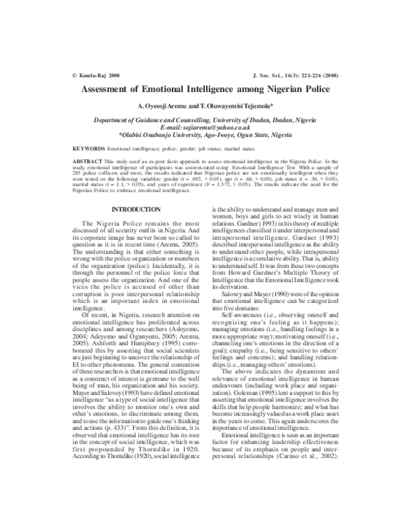 (PDF) Assessment of Emotional Intelligence among Nigerian Police