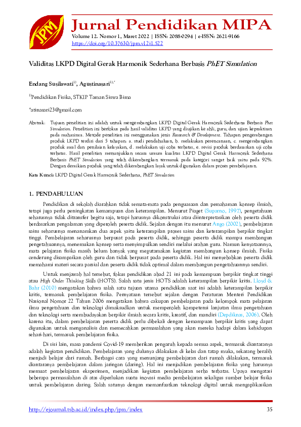(PDF) Validitas LKPD Digital Gerak Harmonik Sederhana Berbasis PhET Simulation