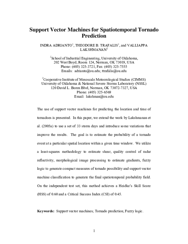 (PDF) Support vector machines for spatiotemporal tornado prediction