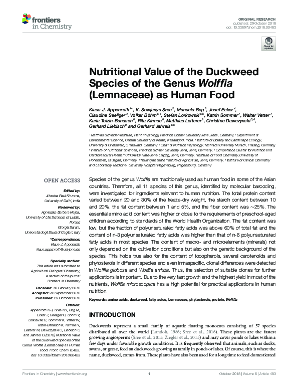 (PDF) Nutritional Value of the Duckweed Species of the Genus Wolffia ...