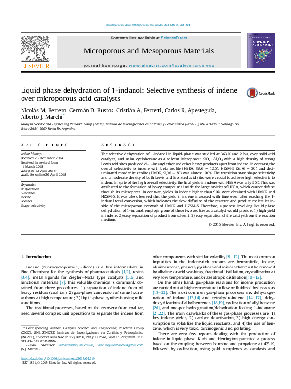 (PDF) Liquid phase dehydration of 1-indanol: Selective synthesis of ...