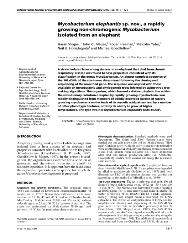 (PDF) Mycobacterium elephantis sp. nov., a rapidly growing non ...