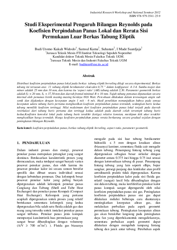 (PDF) Studi Eksperimental Pengaruh Bilangan Reynolds pada Koefisien Perpindahan Panas Lokal dan ...