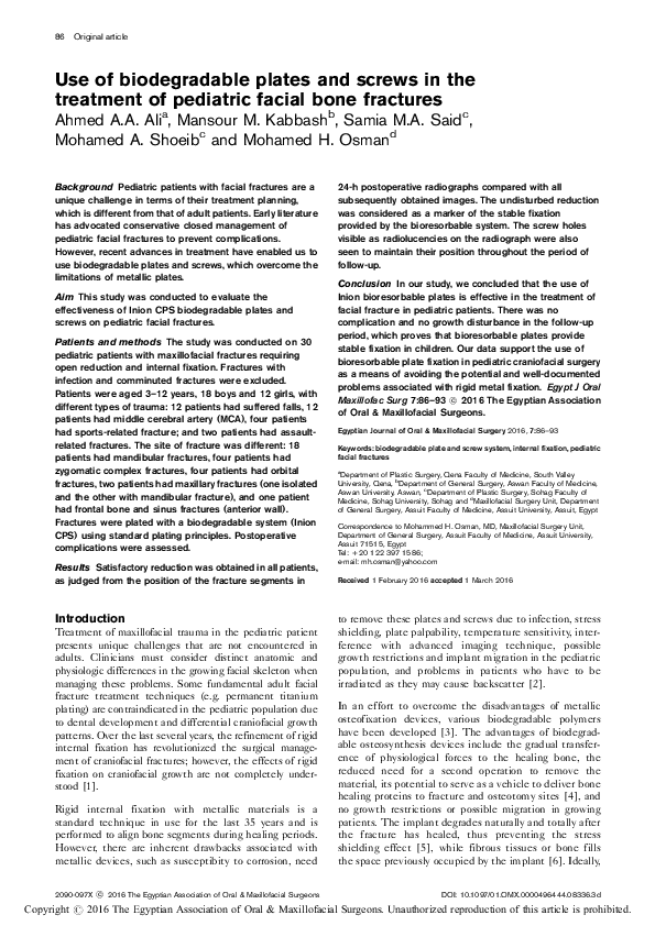 (PDF) Use of biodegradable plates and screws in the treatment of ...