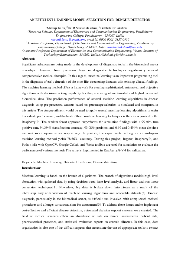 Pdf An Efficient Learning Model Selection For Dengue Detection